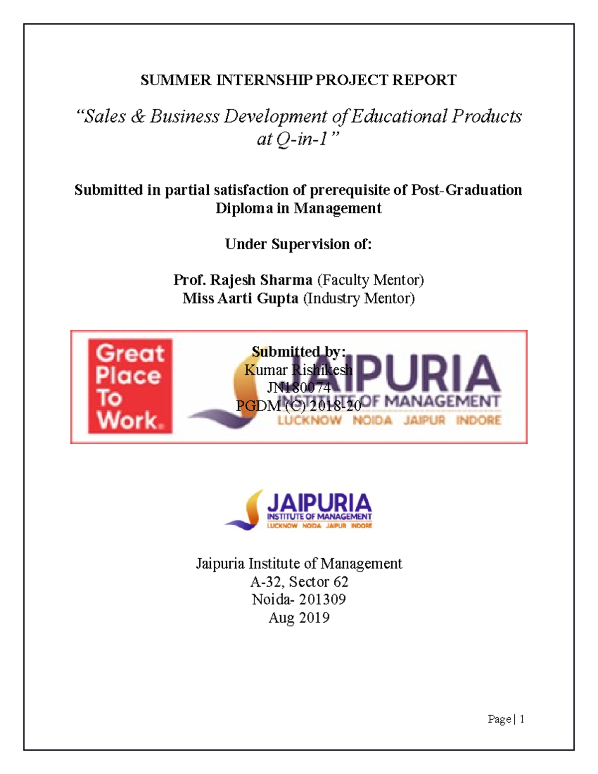 Summer Internship Report - SUMMER INTERNSHIP PROJECT REPORT “Sales ...