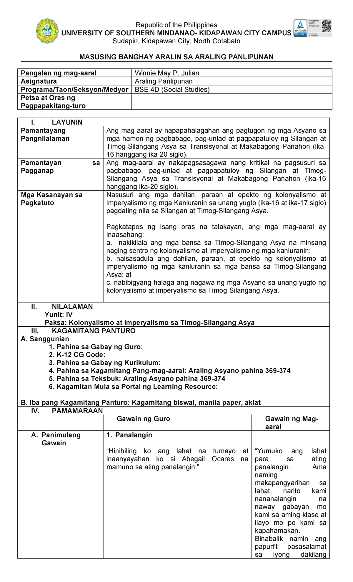LP for demo (filipino) 2024 - UNIVERSITY OF SOUTHERN MINDANAO ...