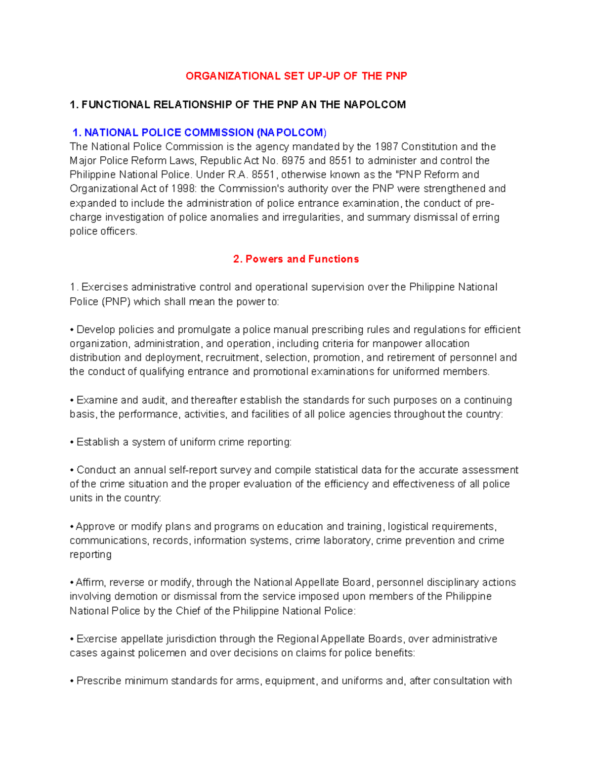 Law Enforcement Agency 1 - ORGANIZATIONAL SET UP-UP OF THE PNP 1 ...