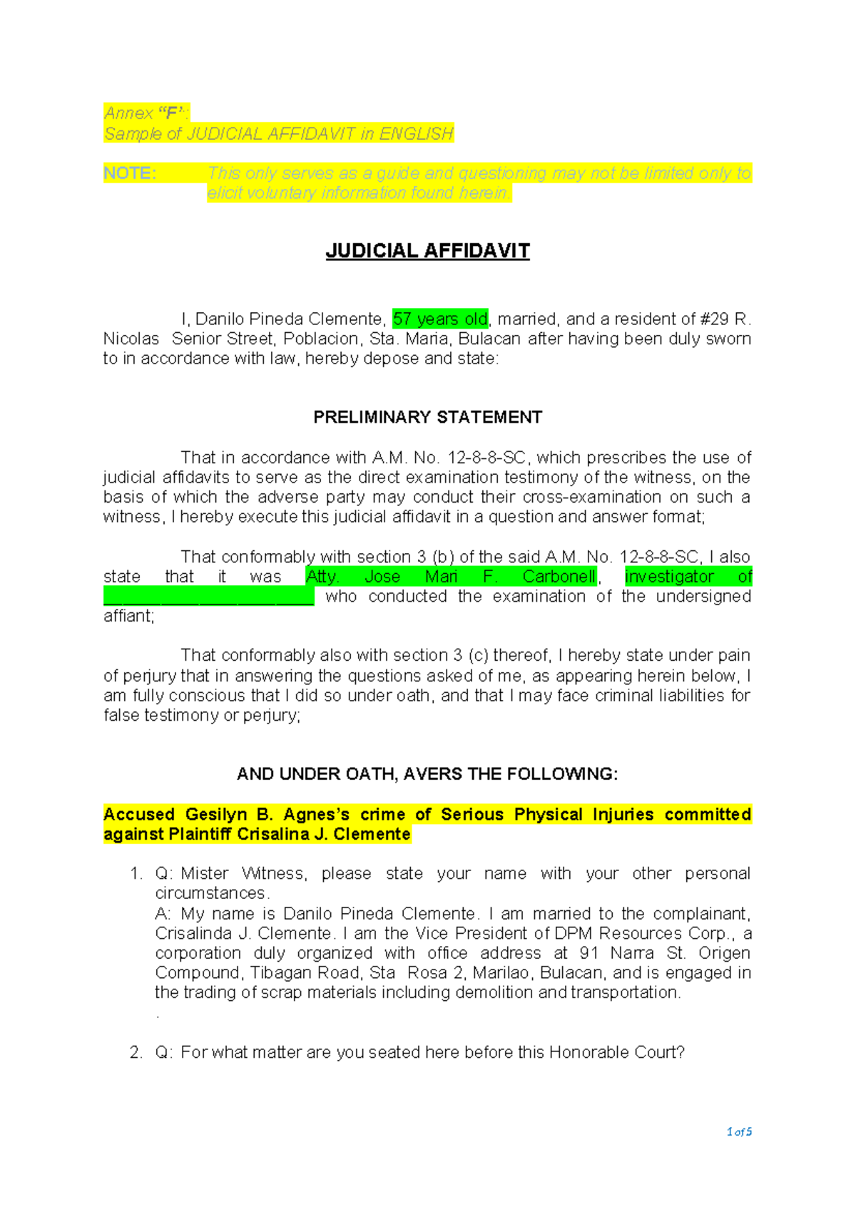 Clemente, crisalinda - vs gesilyn agnes (serious physical injuries ...