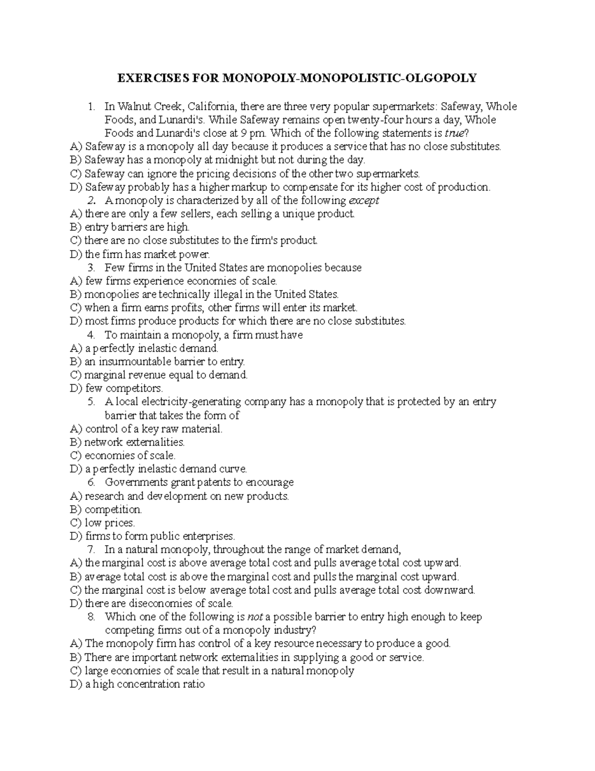 Tutorial Review-4A - Tài Liệu Ôn Luyện - EXERCISES FOR MONOPOLY ...