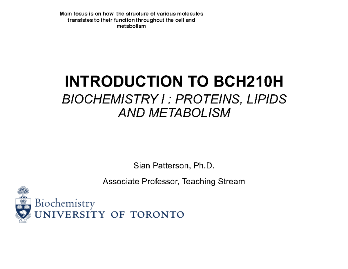 BCH210H.Fall.2020.Intro.1 - INTRODUCTION TO BCH210H BIOCHEMISTRY I ...