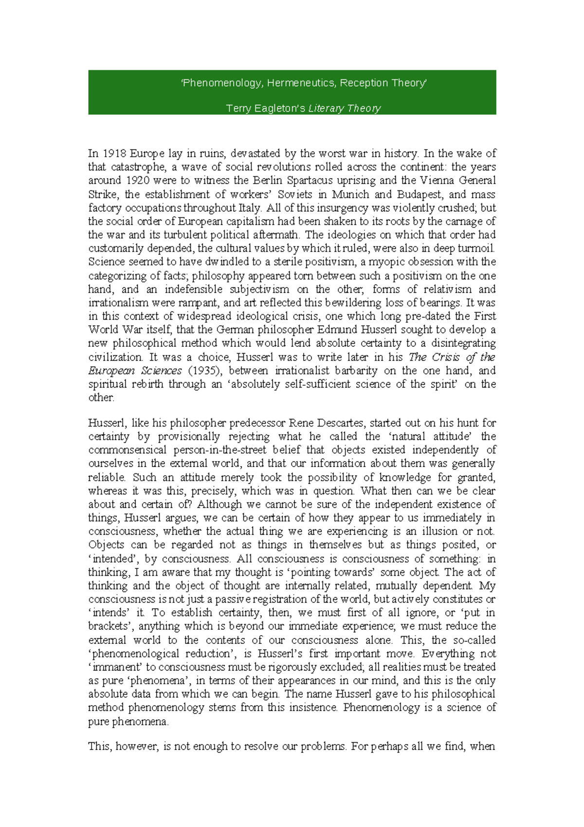 Scribd - Exams notes - ‘Phenomenology, Hermeneutics, Reception Theory ...