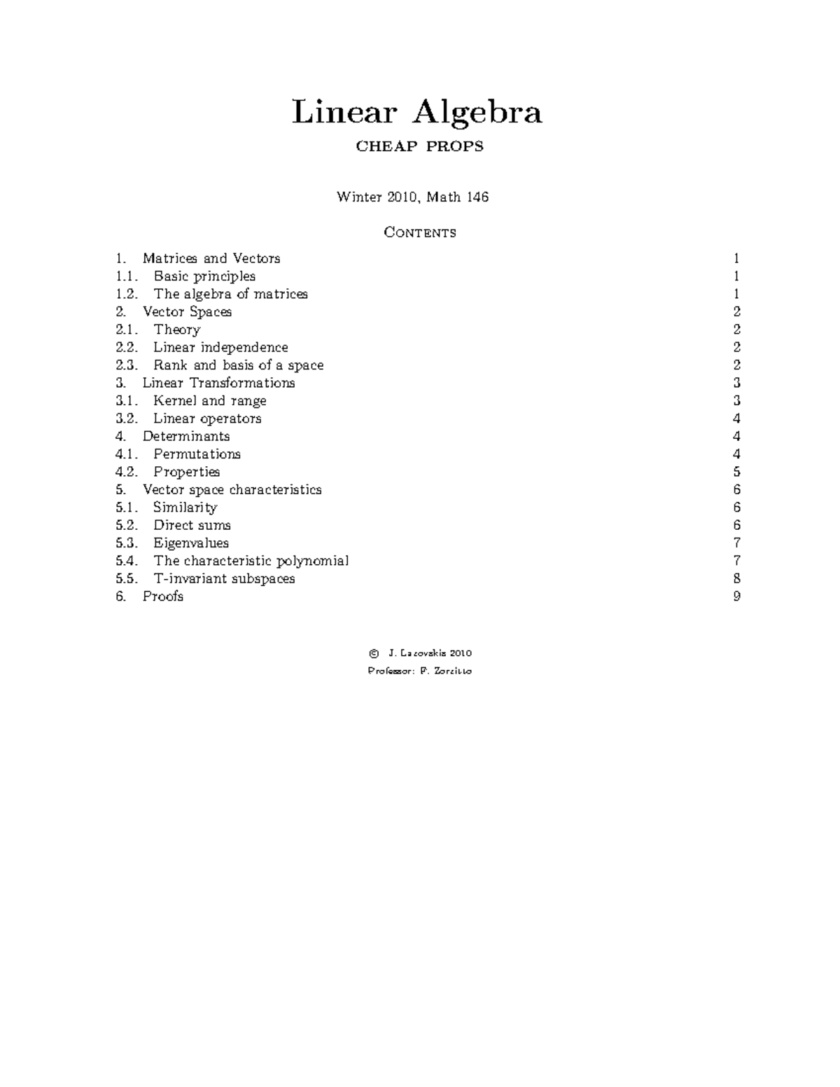 Summary - cheap props - Linear Algebra CHEAP PROPS Winter 2010, Math ...