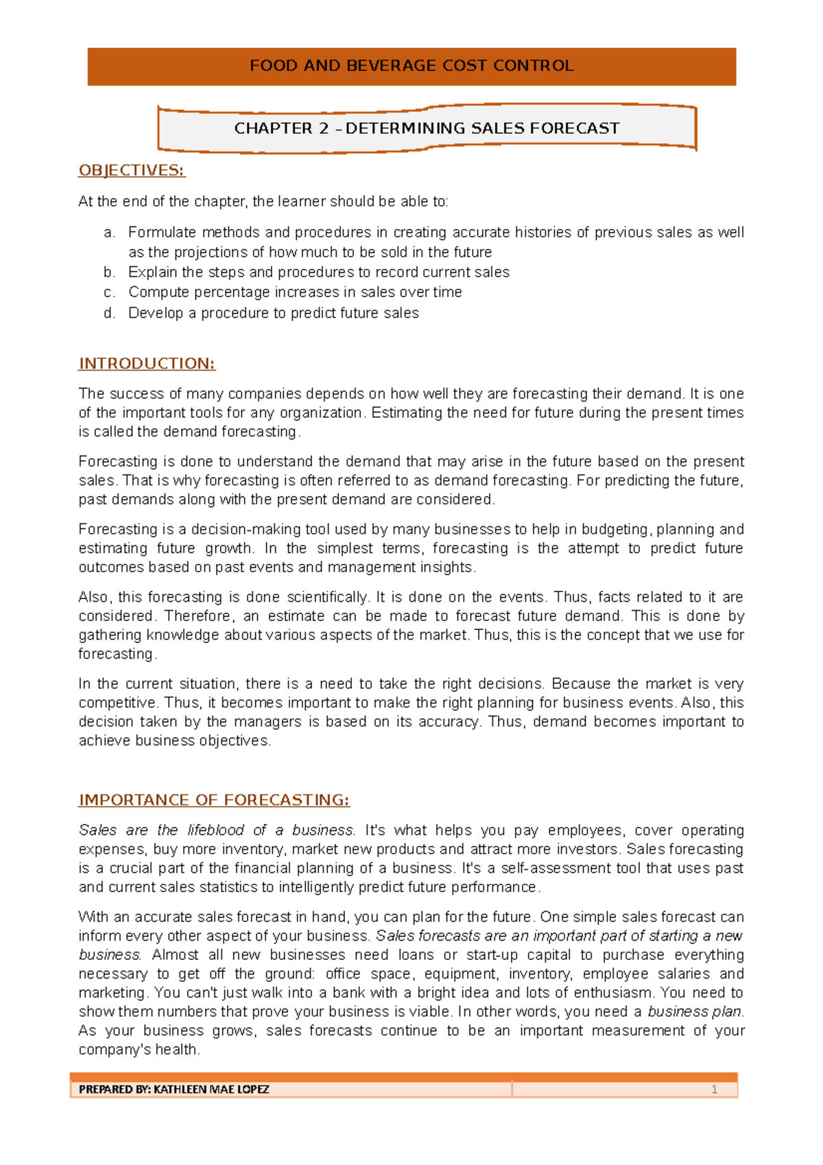 Module 2 Fn B Cost Control - OBJECTIVES: At the end of the chapter, the ...