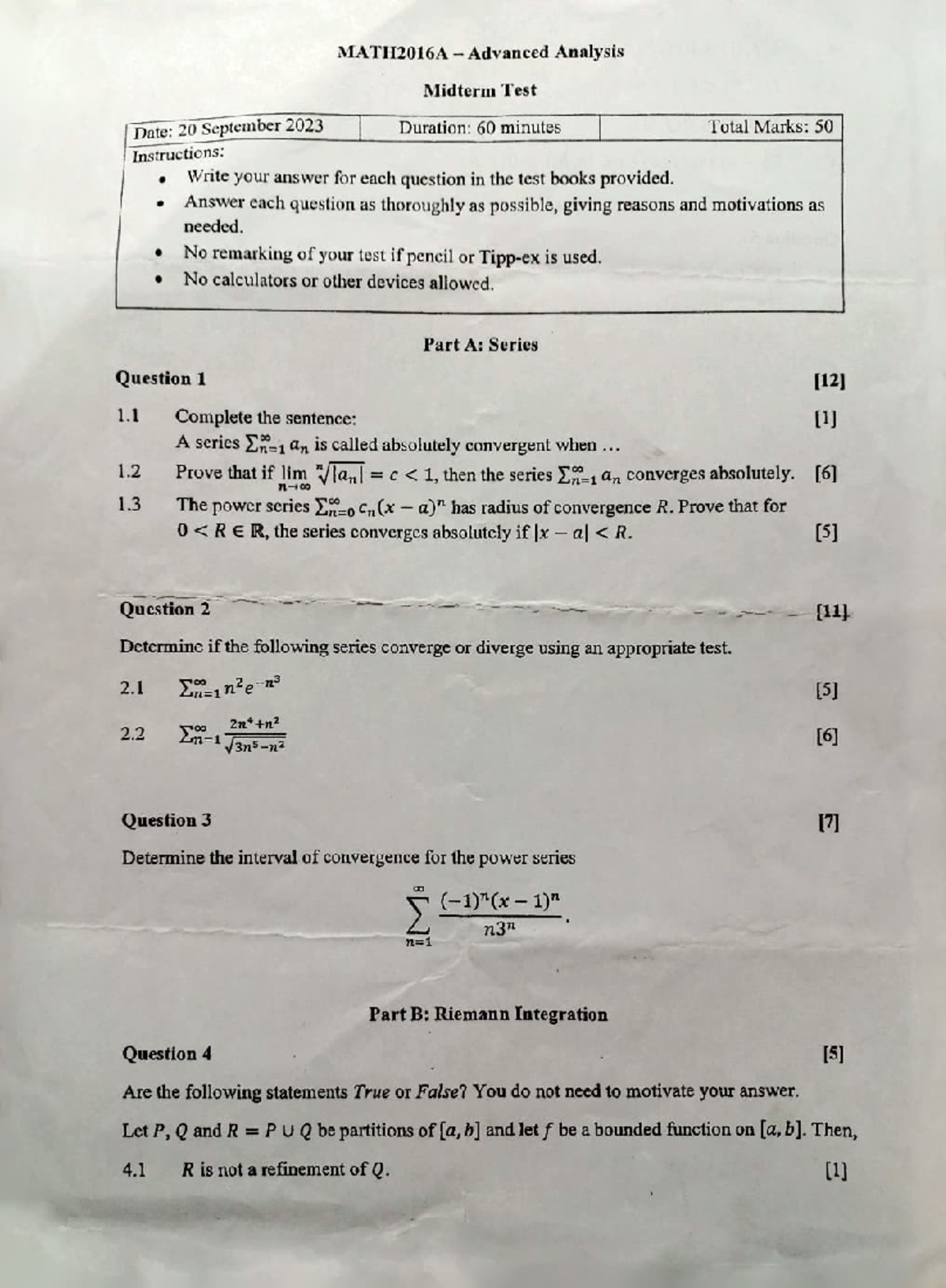 Advanced Analysis - Midterm - Date: 20 September 2023 Instructions: 1 ...