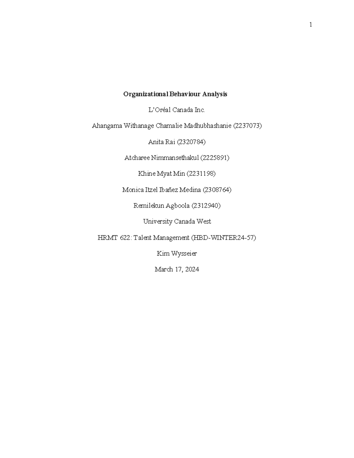 OBA The Loreal Group Final assignment - Organizational Behaviour ...