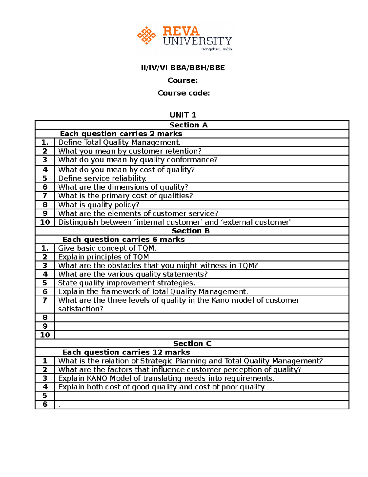 Question bank Format Total Quality Management - II/IV/VI BBA/BBH/BBE ...