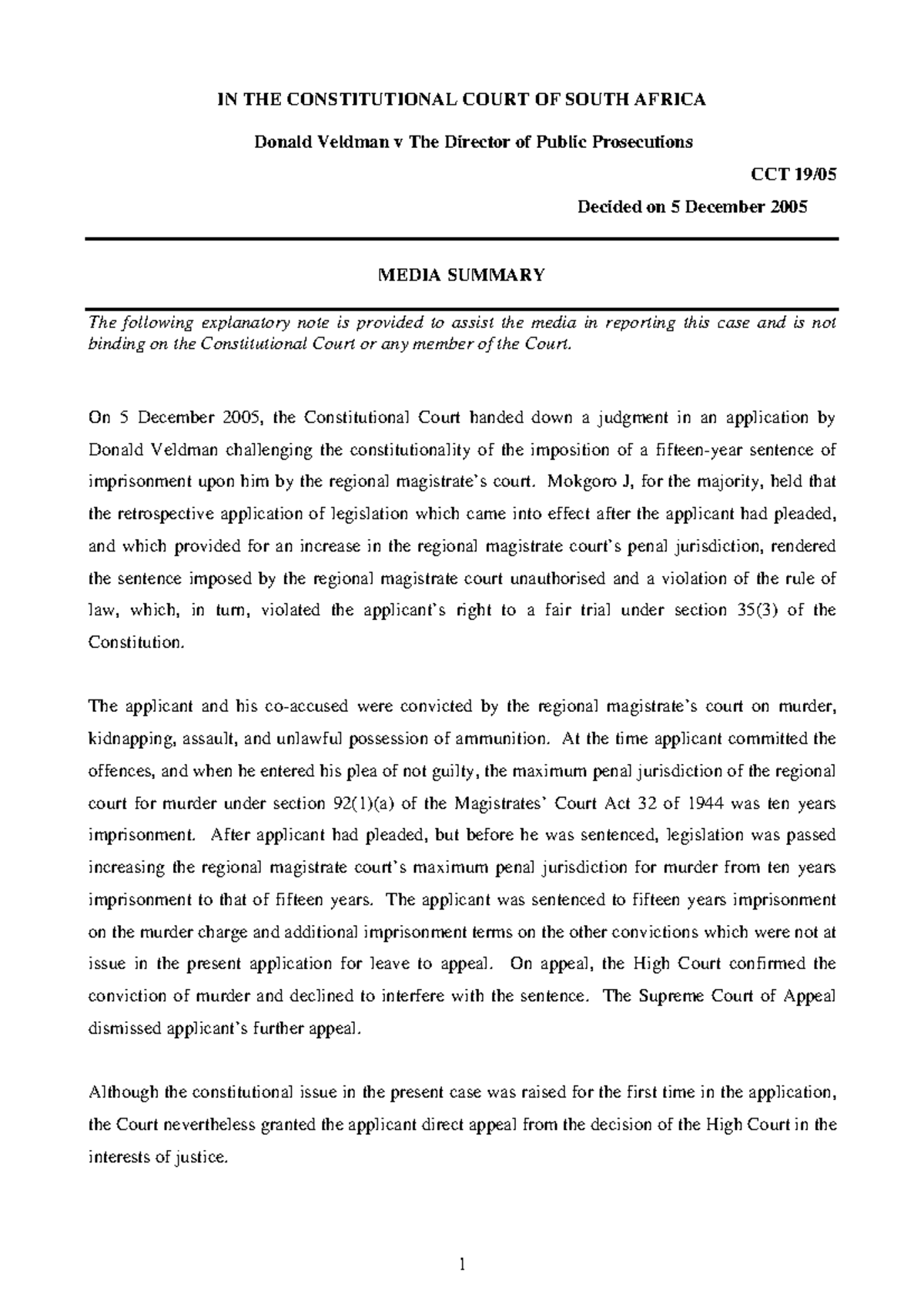 Veldman v Director of Public Prosecutions case - IN THE CONSTITUTIONAL ...