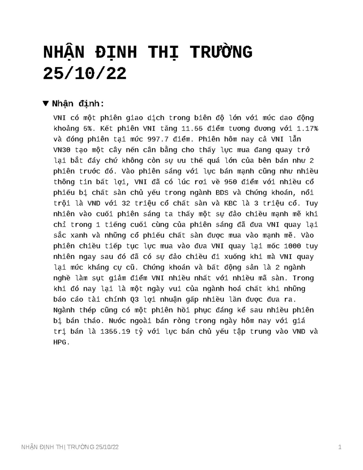 NHN NH TH TRNG 251022 - ádgasgr - NHẬN ĐỊNH THỊ TRƯỜNG 25/10/22 1 NH¾N ÞNH THÞ TRƯỜNG 25/10/ Nh ...
