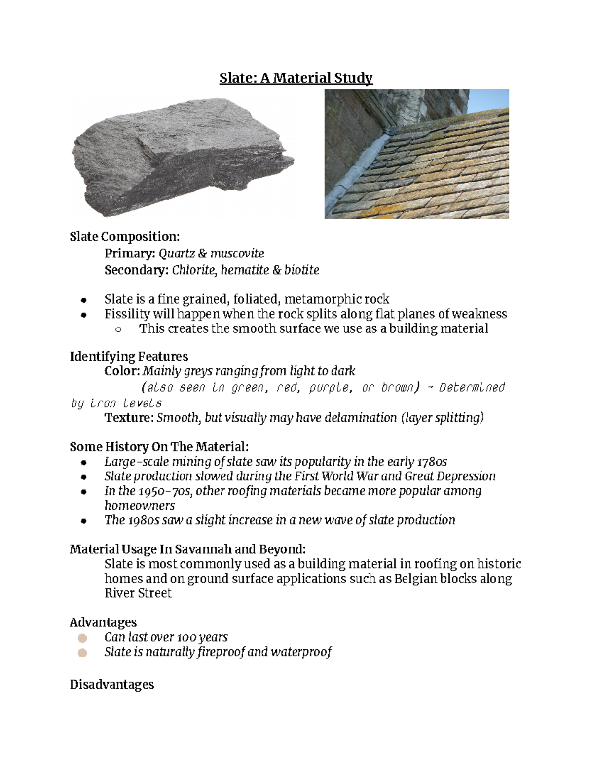 Slate Handout - Slate: A Material Study Slate Composition: Primary ...