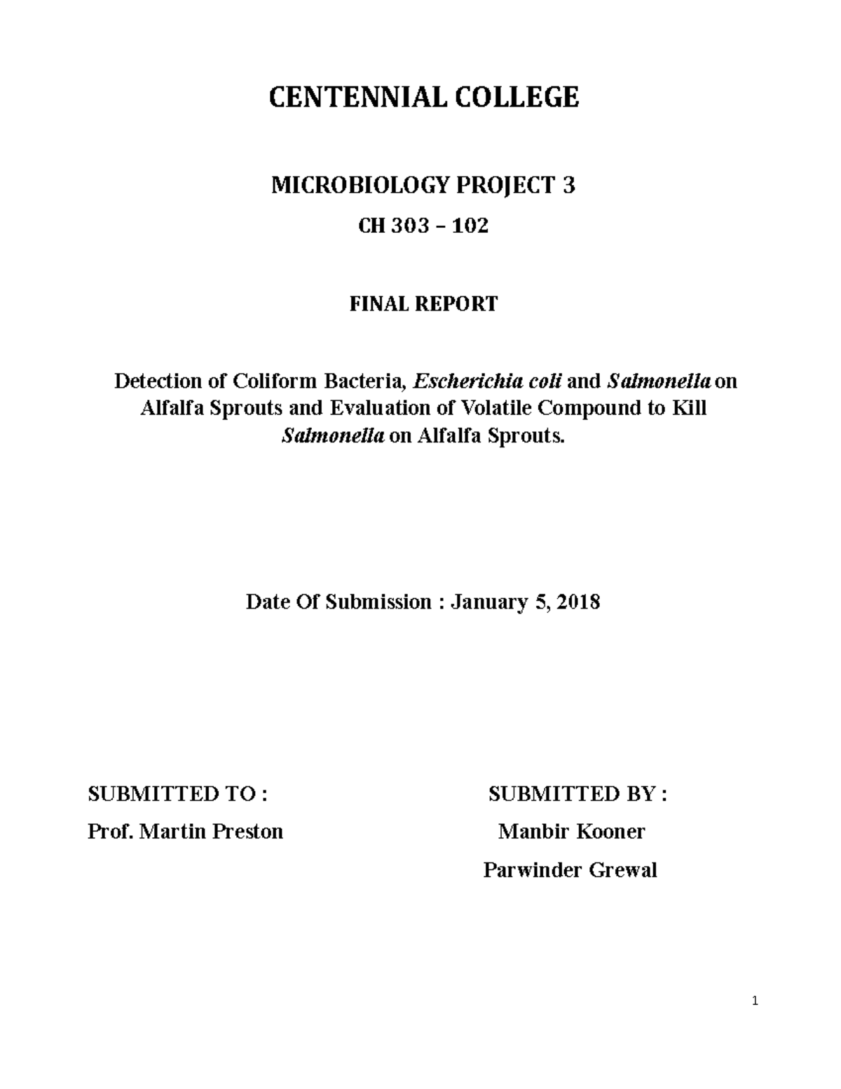 Project 3 final report - CENTENNIAL COLLEGE MICROBIOLOGY PROJECT 3 CH ...