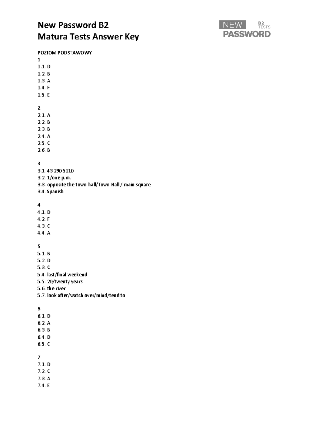 New Password B2 Matura Tests Answer key - New Password B Matura Tests ...