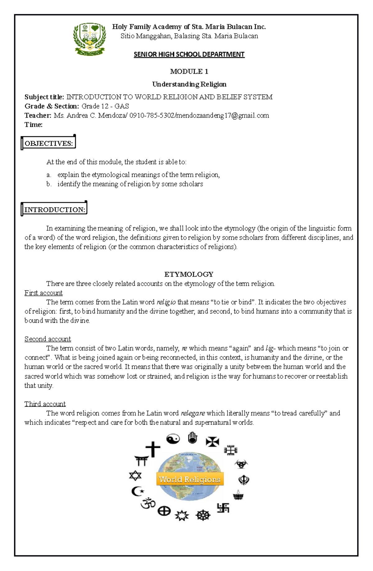 World Religion Module 1 - Holy Family Academy of Sta. Maria Bulacan Inc ...