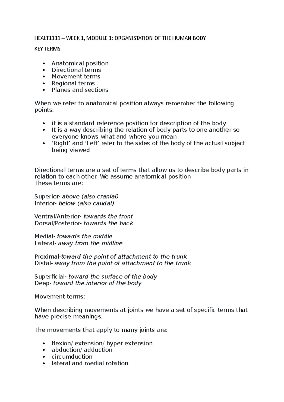 HEALT1111 W1M1 - Lecture notes 1 - HEALT1111 – WEEK 1, MODULE 1 ...