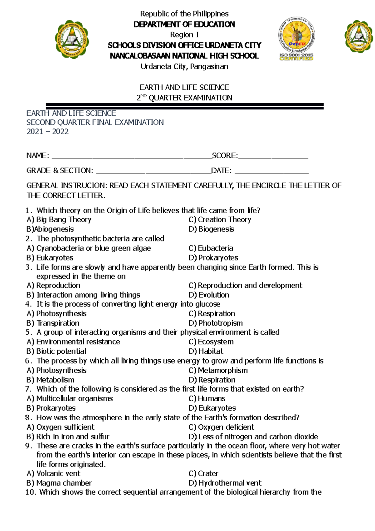 Earth AND LIFE Science EXAM - Republic of the Philippines DEPARTMENT OF ...