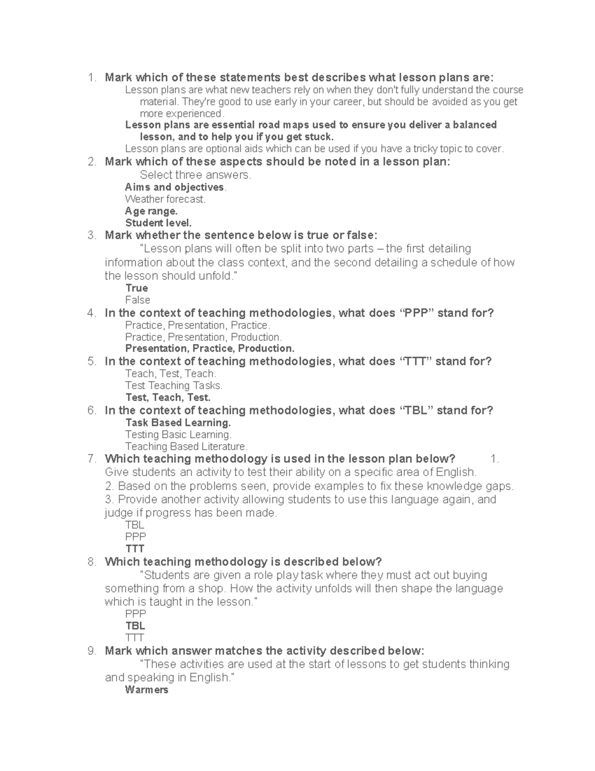 Lesson Plans - Quiz - 1. Mark which of these statements best describes ...