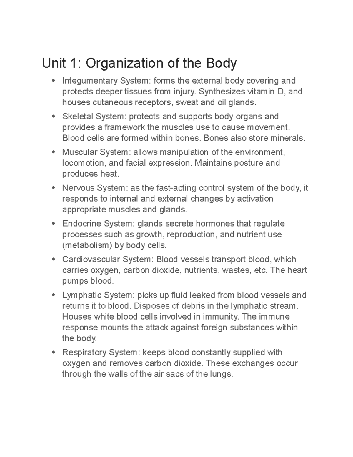 Organization of the body - Unit 1: Organization of the Body ...