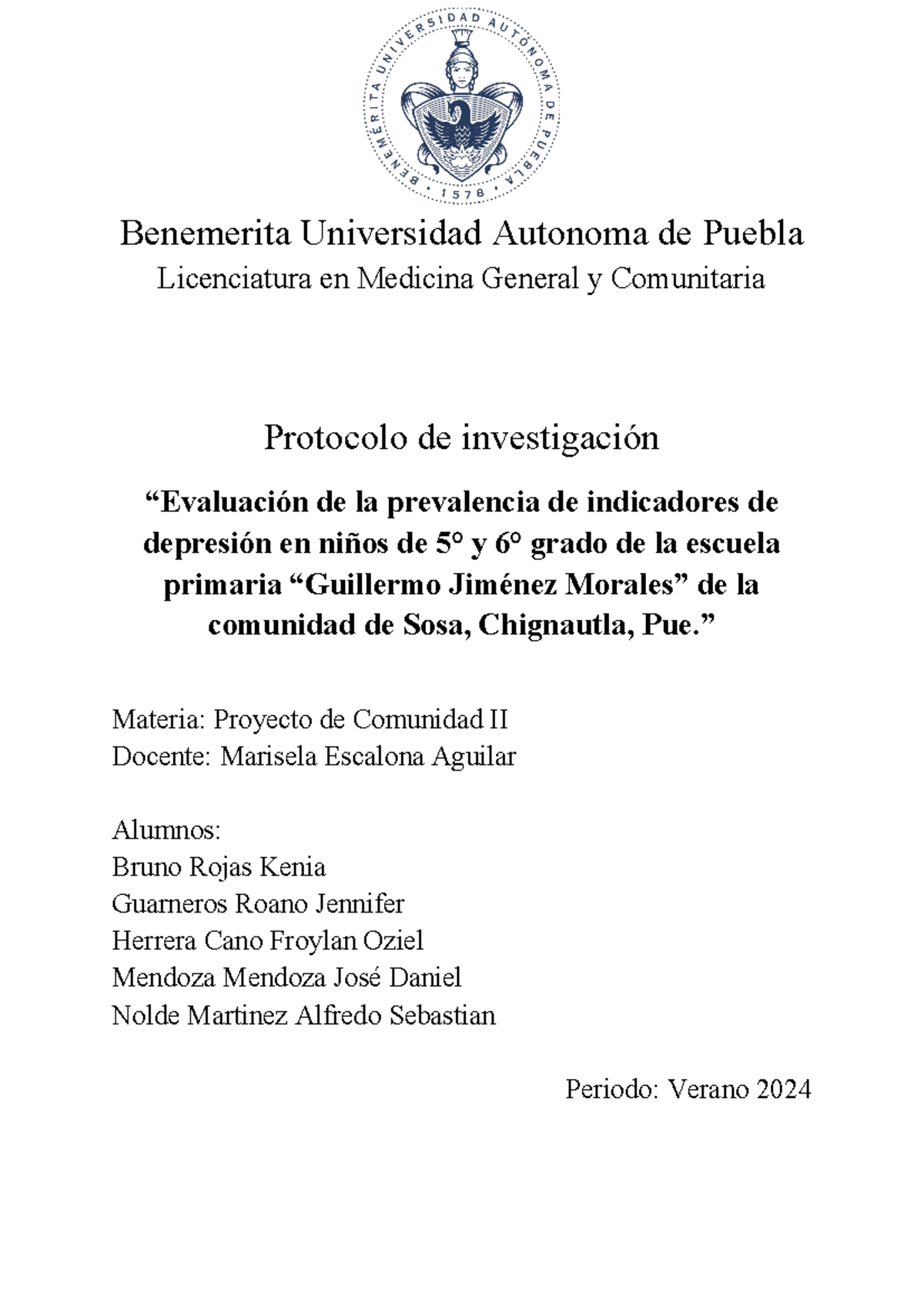 Protocolo - Benemerita Universidad Autonoma de Puebla Licenciatura en Medicina General y ...