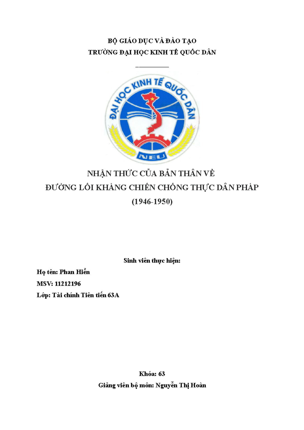 Lsđ cá nhân - work by NEU student - BỘ GIÁO DỤC VÀ ĐÀO TẠO TRƯỜNG ĐẠI ...