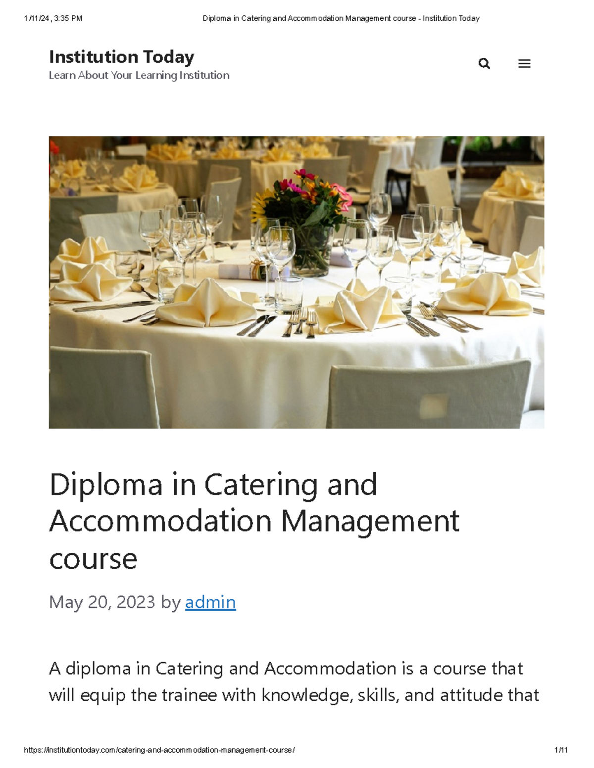 Diploma in Catering and Accommodation Management course - Institution ...