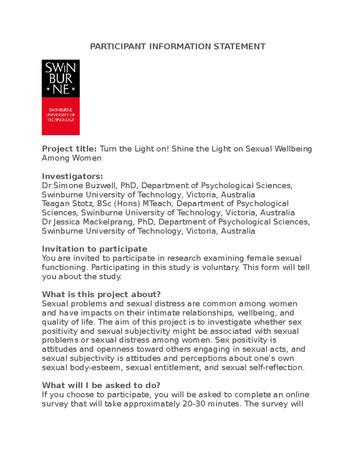 Survey Brain and Behaviour - PARTICIPANT INFORMATION STATEMENT Project ...