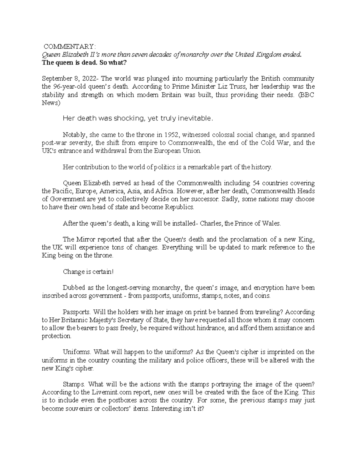 Queen elizabeth II commentary article - COMMENTARY: Queen Elizabeth II ...