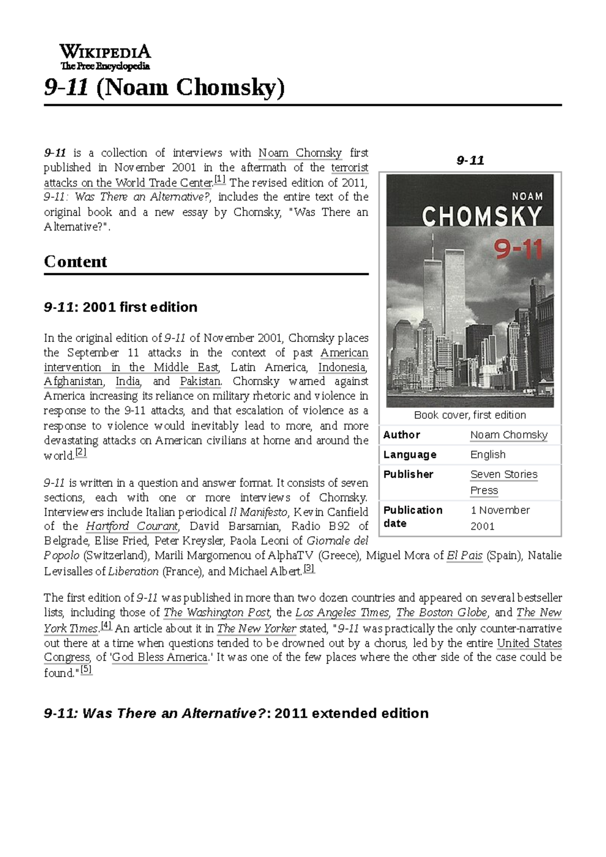9-11 (Noam Chomsky) - political science - 9- Book cover, first edition ...