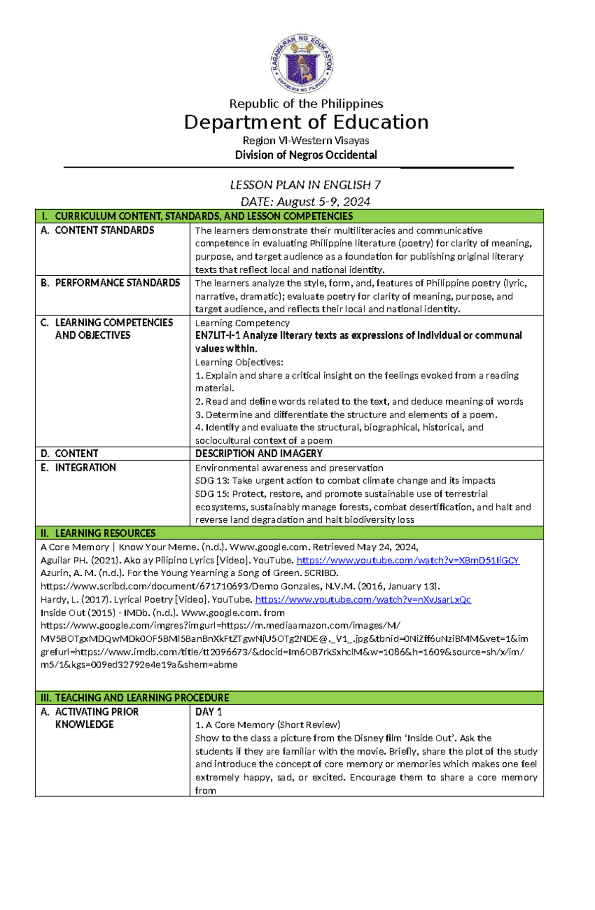English 7 lesson plan quarter 1, week 2 - Republic of the Philippines Department of Education ...