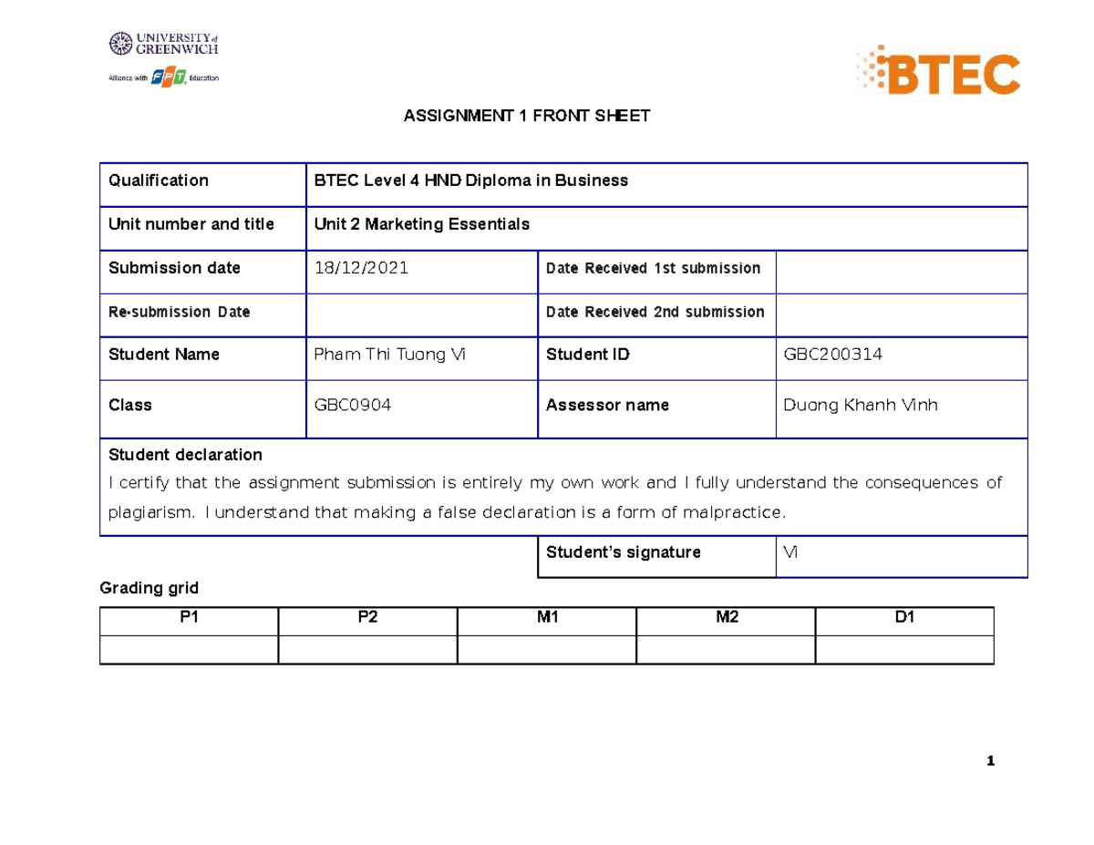 486 - Assignment 1 - Phạm Thị Tường Vi - ASSIGNMENT 1 FRONT SHEET Qualification BTEC Level 4 HND ...