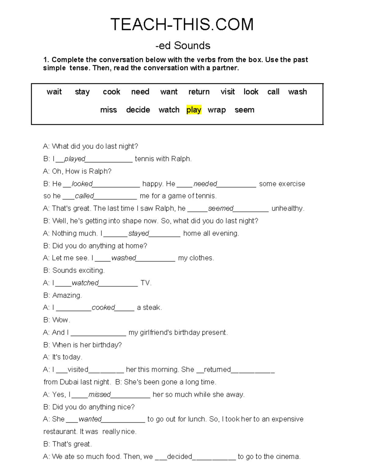 Copy of ed-sounds (Repaired) - TEACH-THIS -ed Sounds 1. Complete the ...
