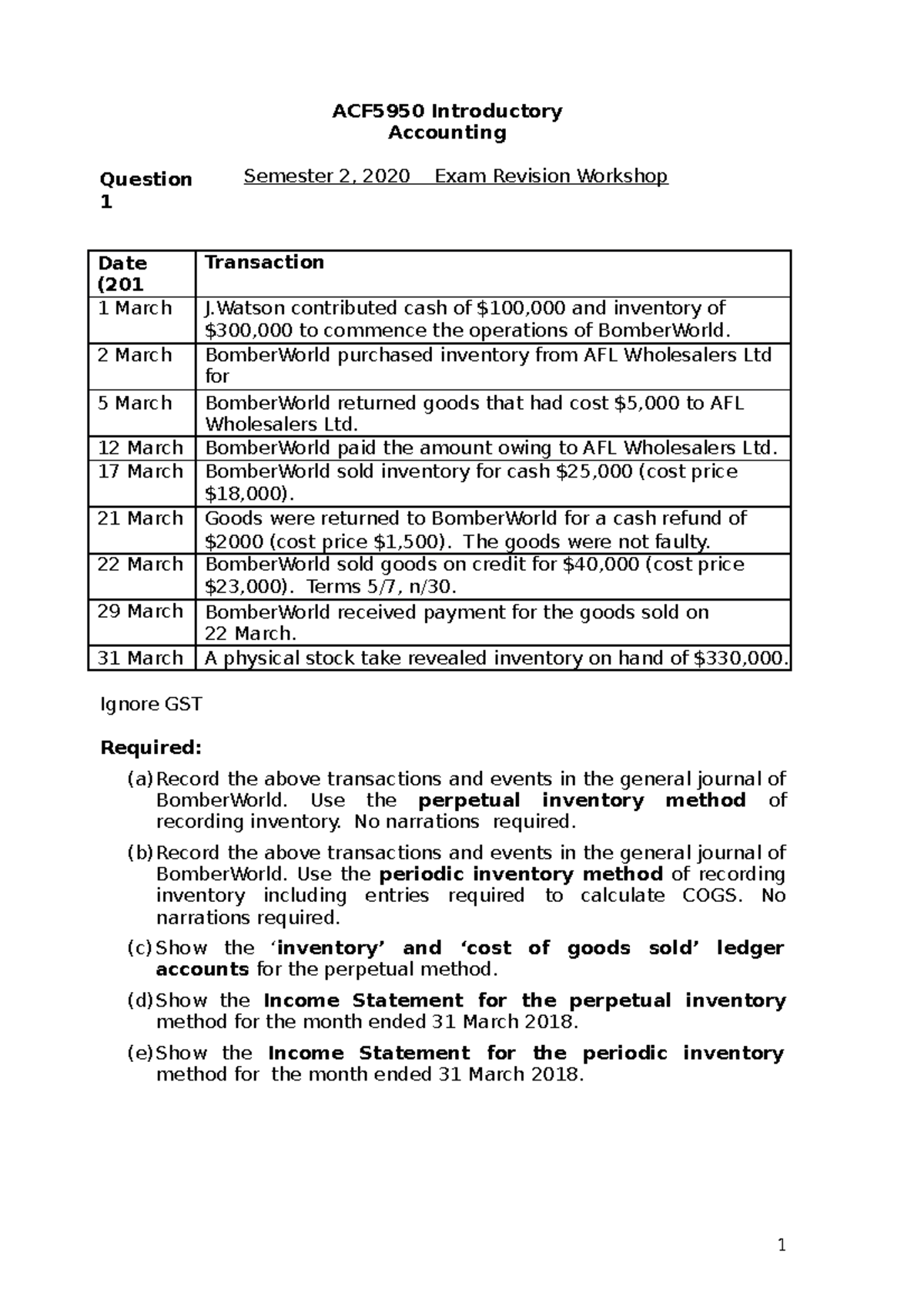 S2, 2020 Exam Revision Workshop Questions - Question 1 ACF5950 ...
