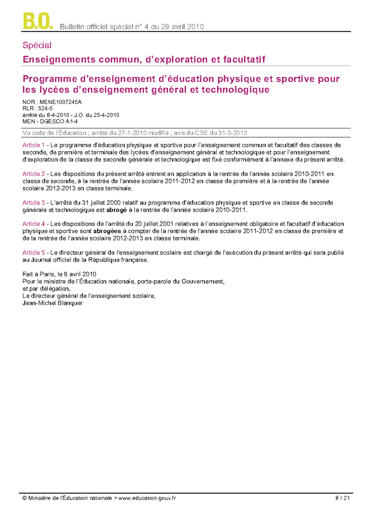 Bo special ndeg04 du 29-04-10 programme EPS des lycees - Spécial Enseignements commun, d ...