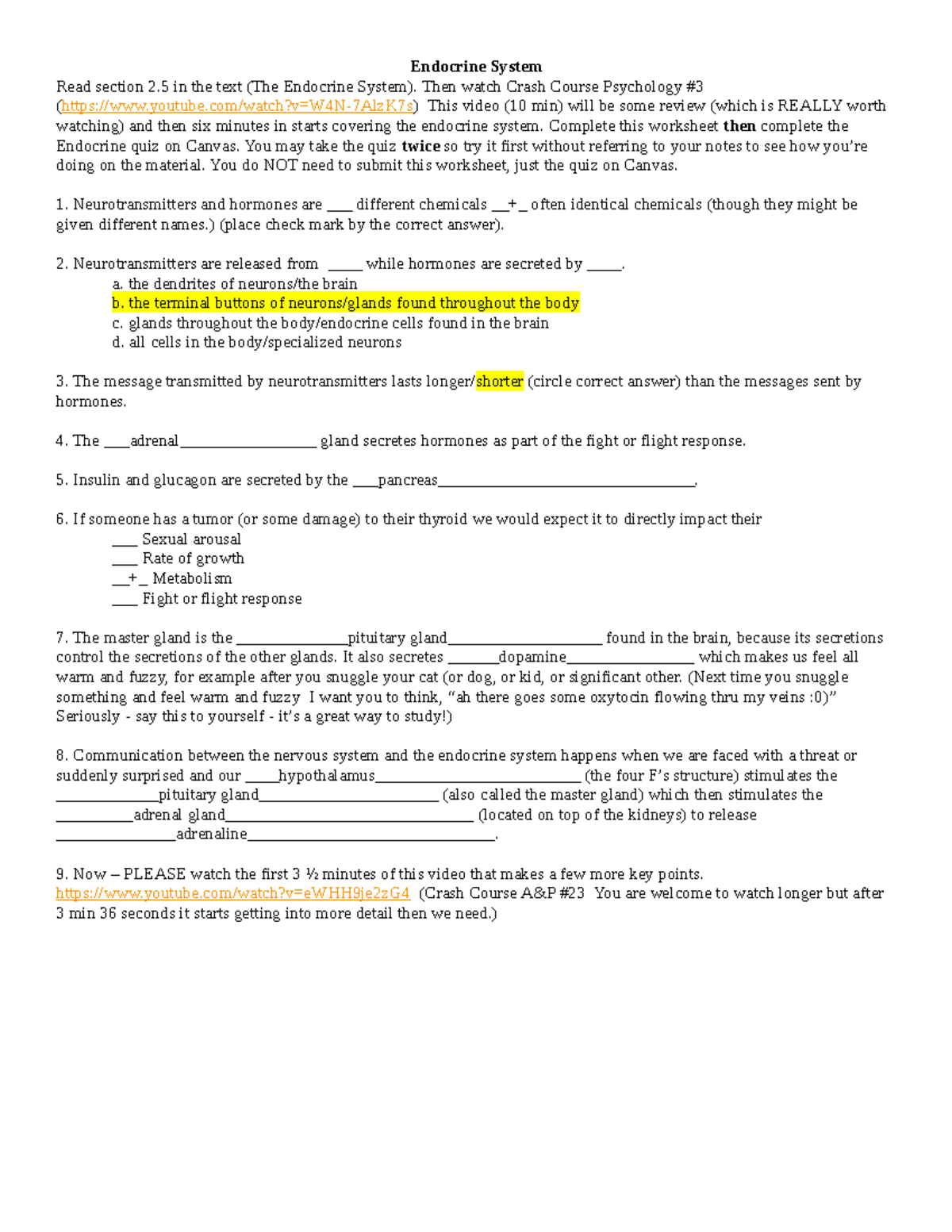 Endocrine video worksheet - Endocrine System Read section 2 in the text ...