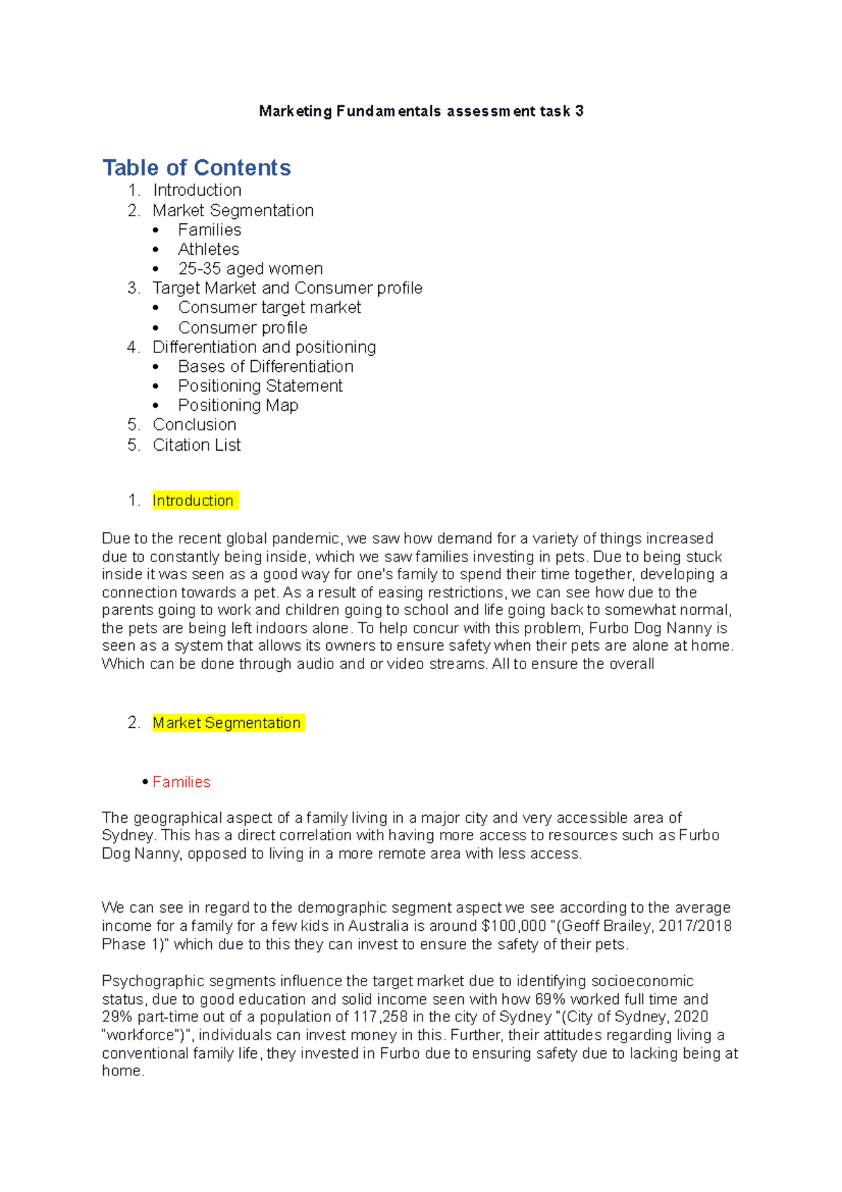 Marketing Fundamentals assessment task 3 - Introduction 2. Market ...
