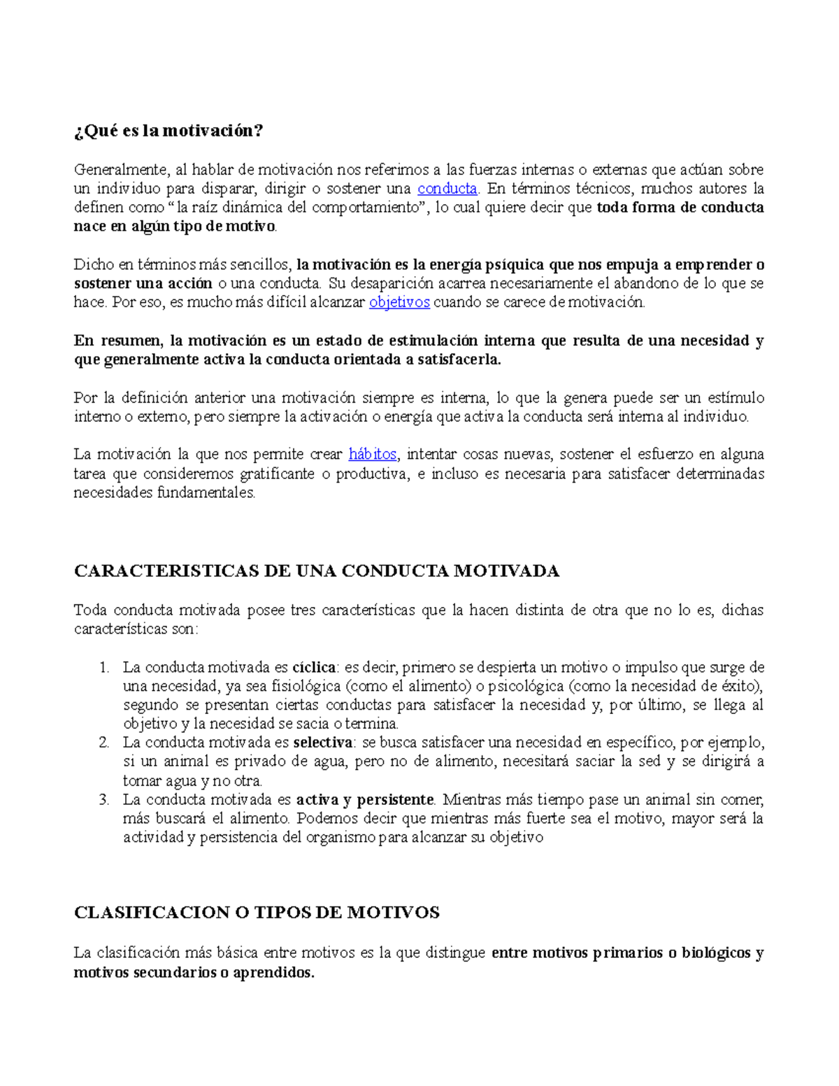 Lectura Motivacion - CARACTERISTICAS DE UNA CONDUCTA MOTIVADA ...