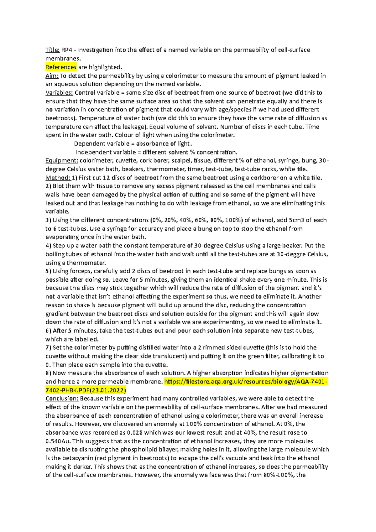 A-level Biology RP4 - Title: RP4 - Investigation into the effect of a ...