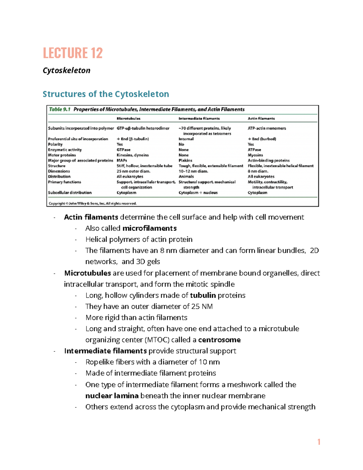 Lecture 12 Cytoskeleton - LECTURE 12 Cytoskeleton Structures of the ...