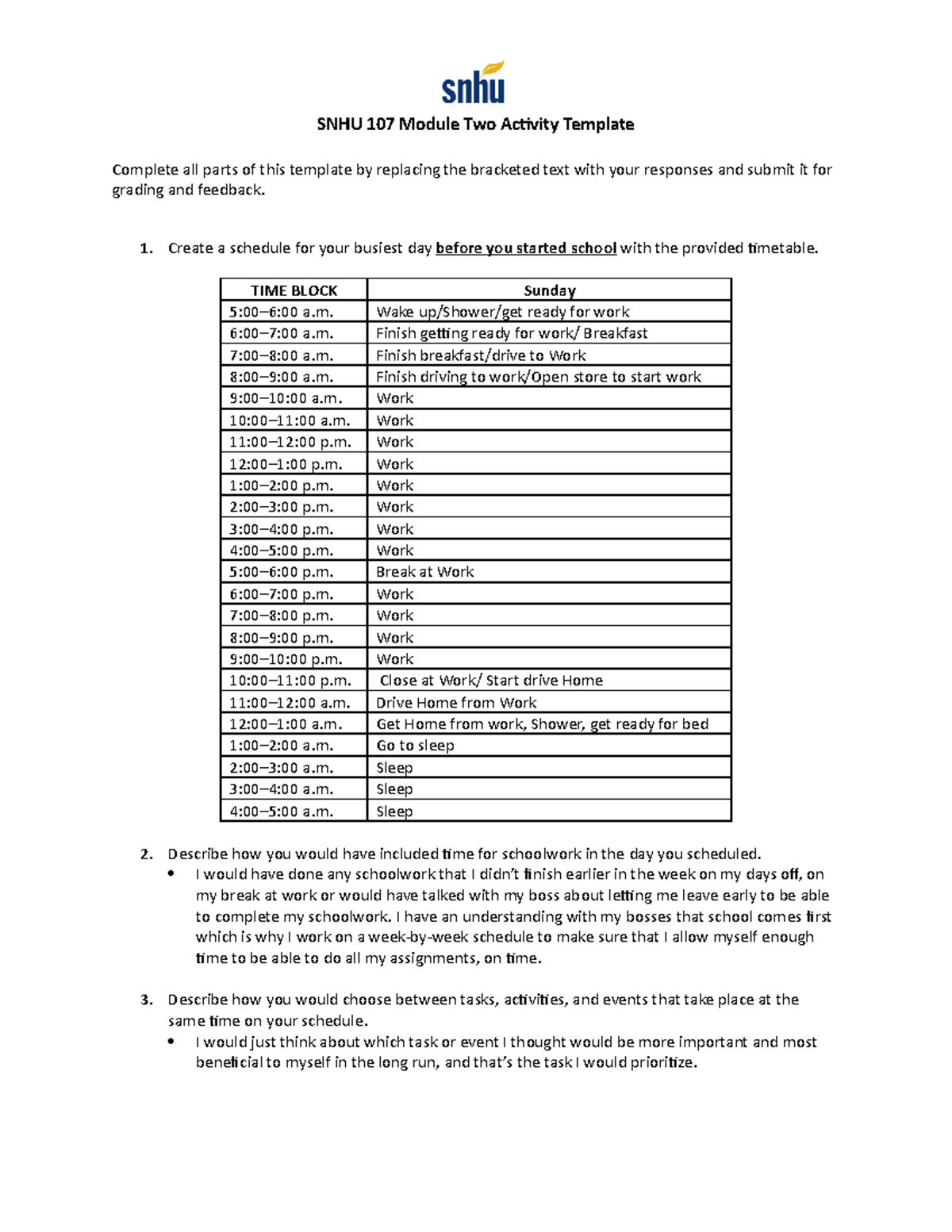 2-2 Activitcy- Personal Scheduling - SNHU 107 Module Two Activity ...