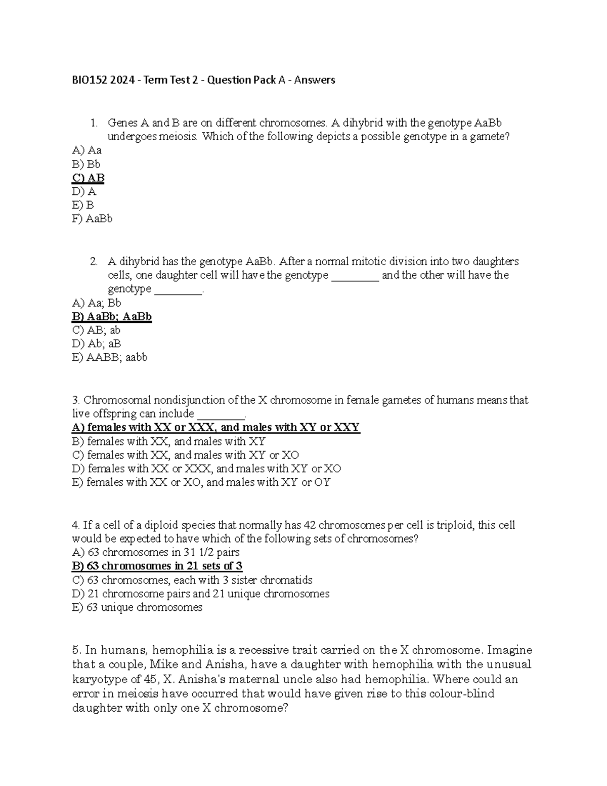 TT2 2024 Question Pack A Answers - BIO152 2024 - Term Test 2 - Ques3on ...