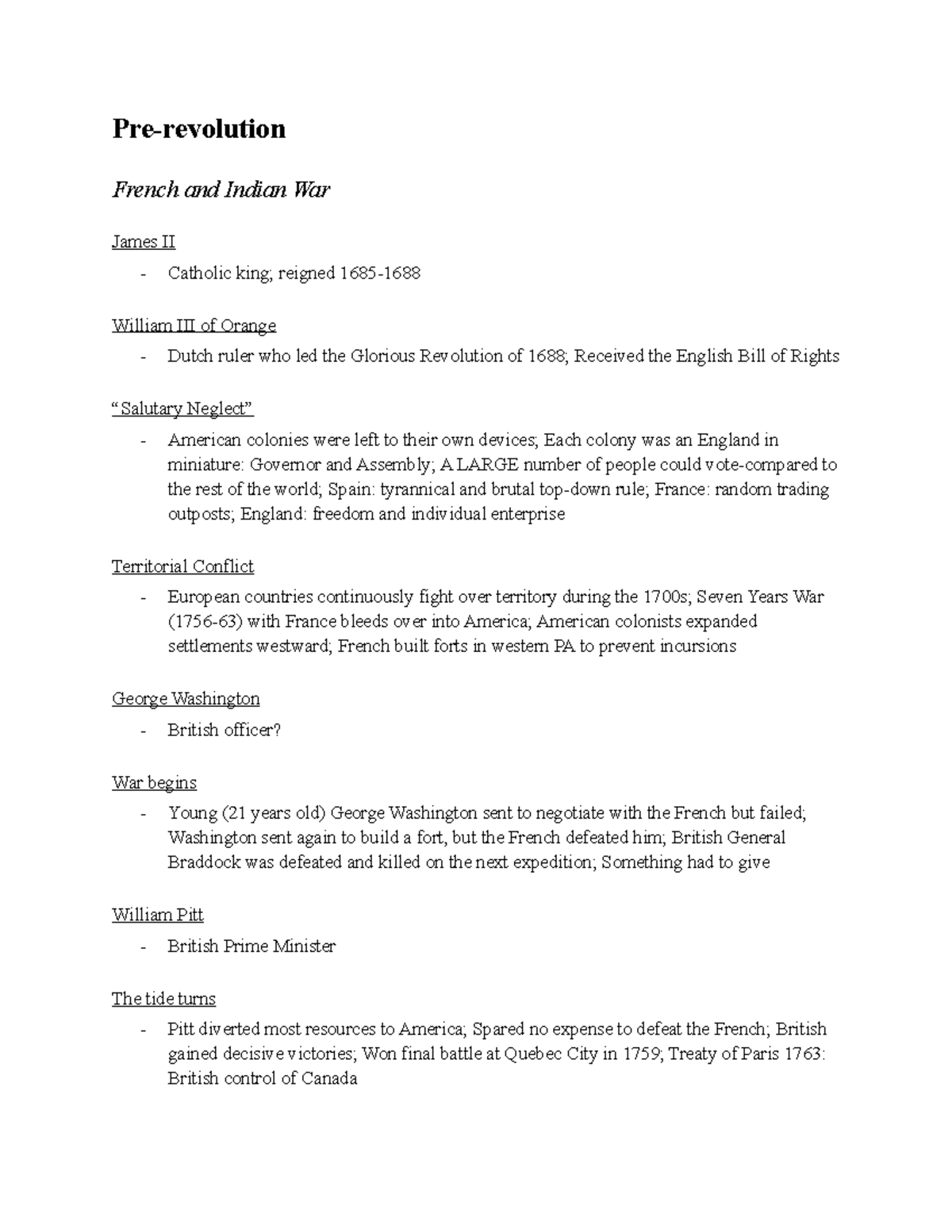 Pre-Revolution Lecture Notes - Pre-revolution French and Indian War ...