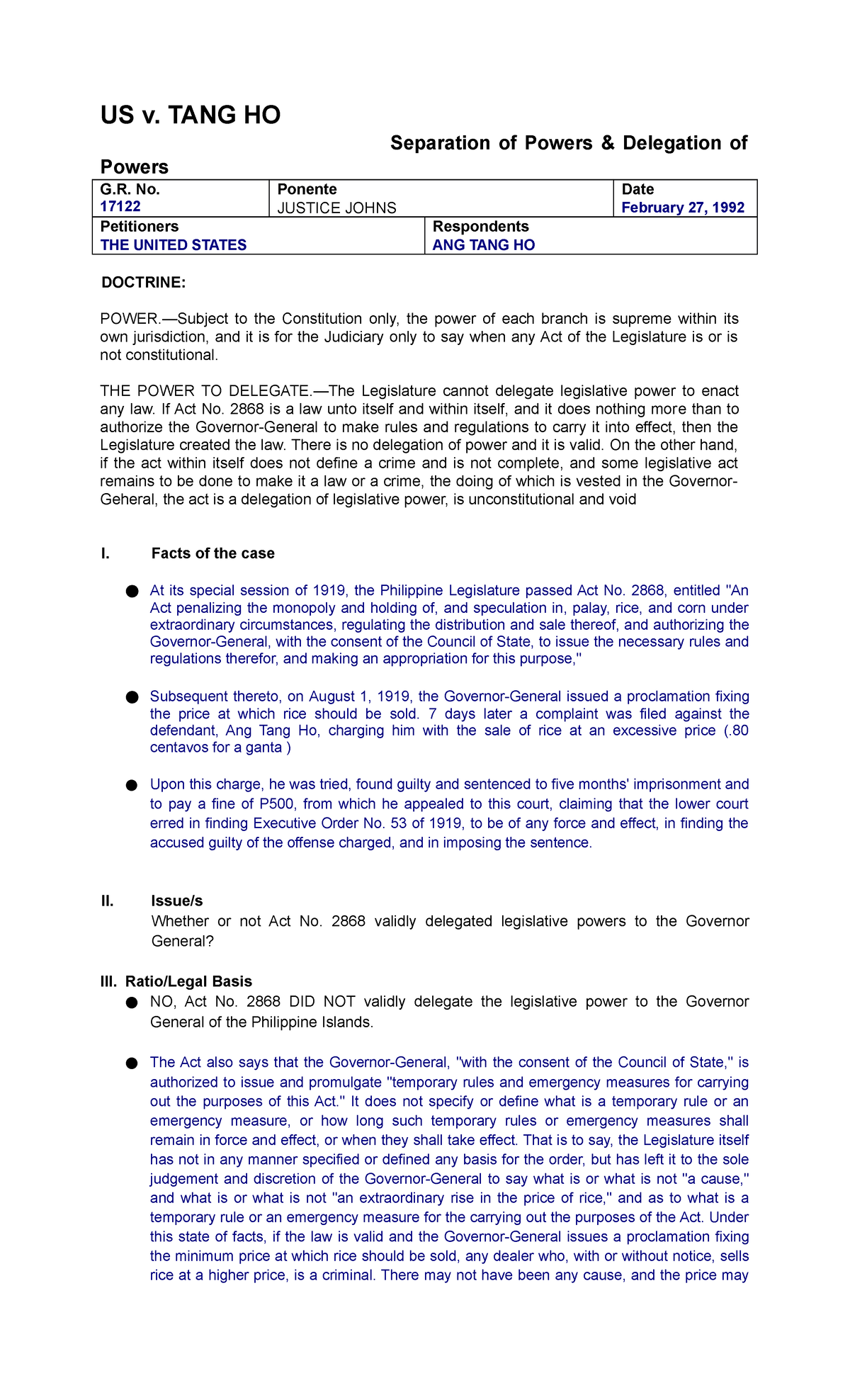 118. US v Tang Ho 43 Phil 1 - US v. TANG HO Separation of Powers ...