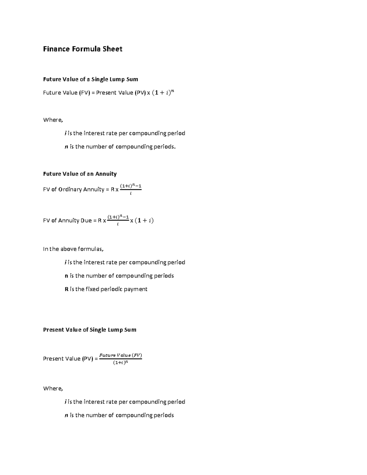 C708 version 4 formula sheet - Finance Formula Sheet Future Value of a ...