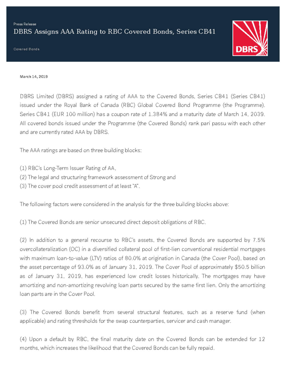 341674 - Covered Bond Ratings Example - Press Release DBRS Assigns AAA ...