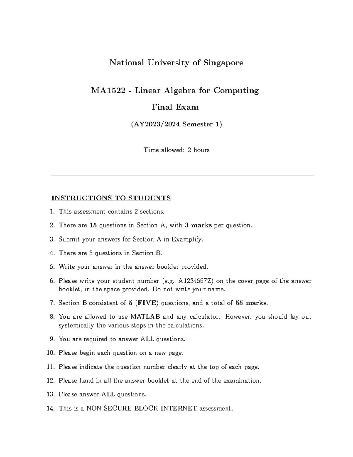MA1522 AY2324 Sem1 Solution - National University of Singapore MA1522 - Linear Algebra for ...