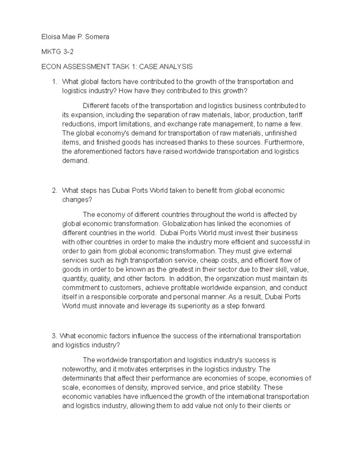 Case Study No. 1 - Eloisa Mae P. Somera MKTG 3- ECON ASSESSMENT TASK 1 ...