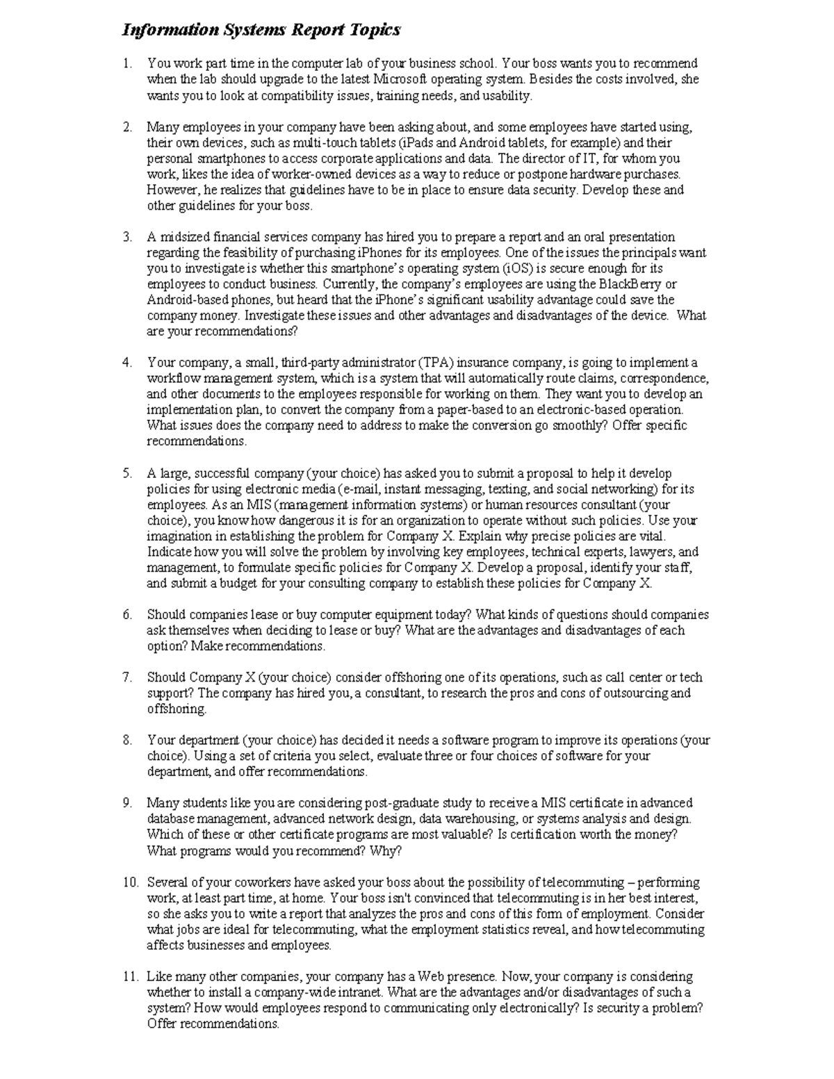 Information systems report topics - Information Systems Report Topics 1 ...