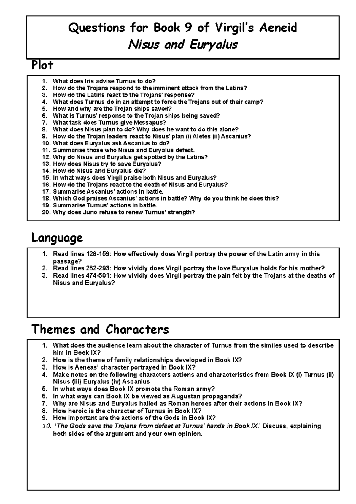 Aeneid Questions book 9 - Questions for Book 9 of Virgil’s Aeneid Nisus ...