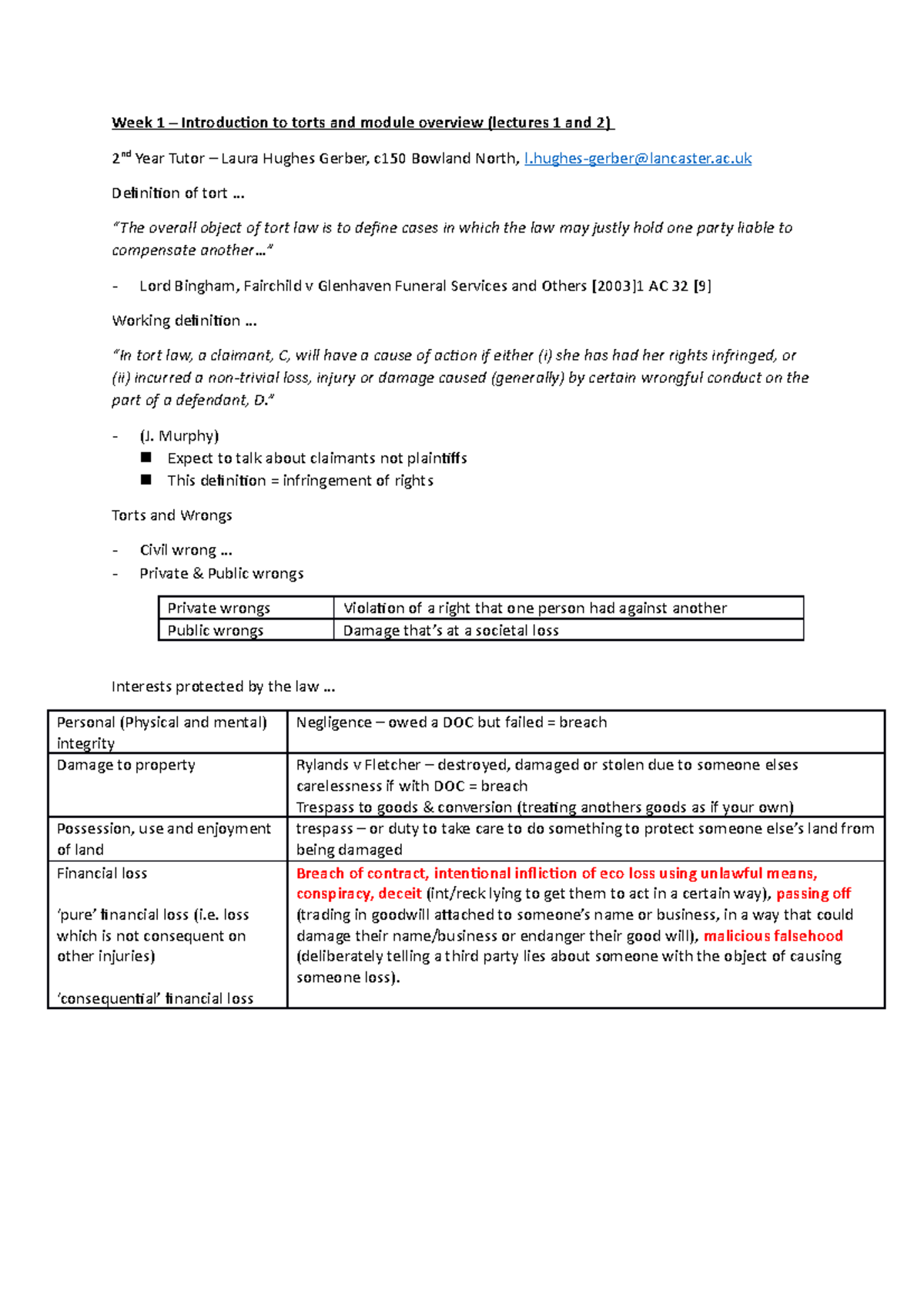 Week 1 - Lectures 1&2 - Intro to tort - Week 1 – Introduction to torts and module overview ...