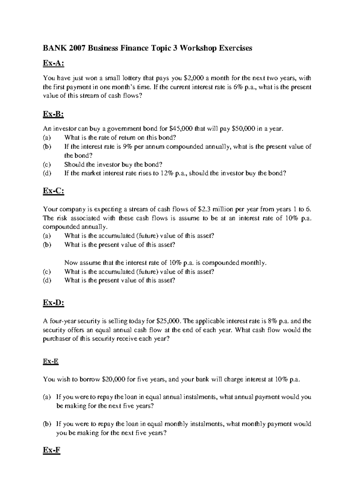 BANK 2007 Business Finance Topic 3 Workshop Exercises - BANK 2007 ...